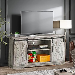 IDEALHOUSE Farmhouse TV Stand, Entertainment Center for 65 Inch TV Media Console Table, Grey Barn Door TV Stand with Storage and Shelves, Modern TV Console Cabinet Furniture for Living Room