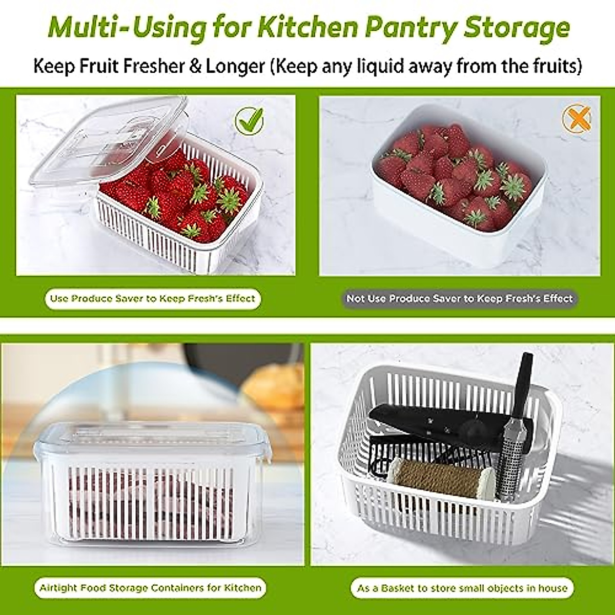 Fruit Storage Containers for Fridge - 10-Piece Kitchen Organizers Leak Proof Produce Saver and Veggie Storage Bins Set for Refrigerator, Plastic Airtight Food Storage Containers with Lids & Handle