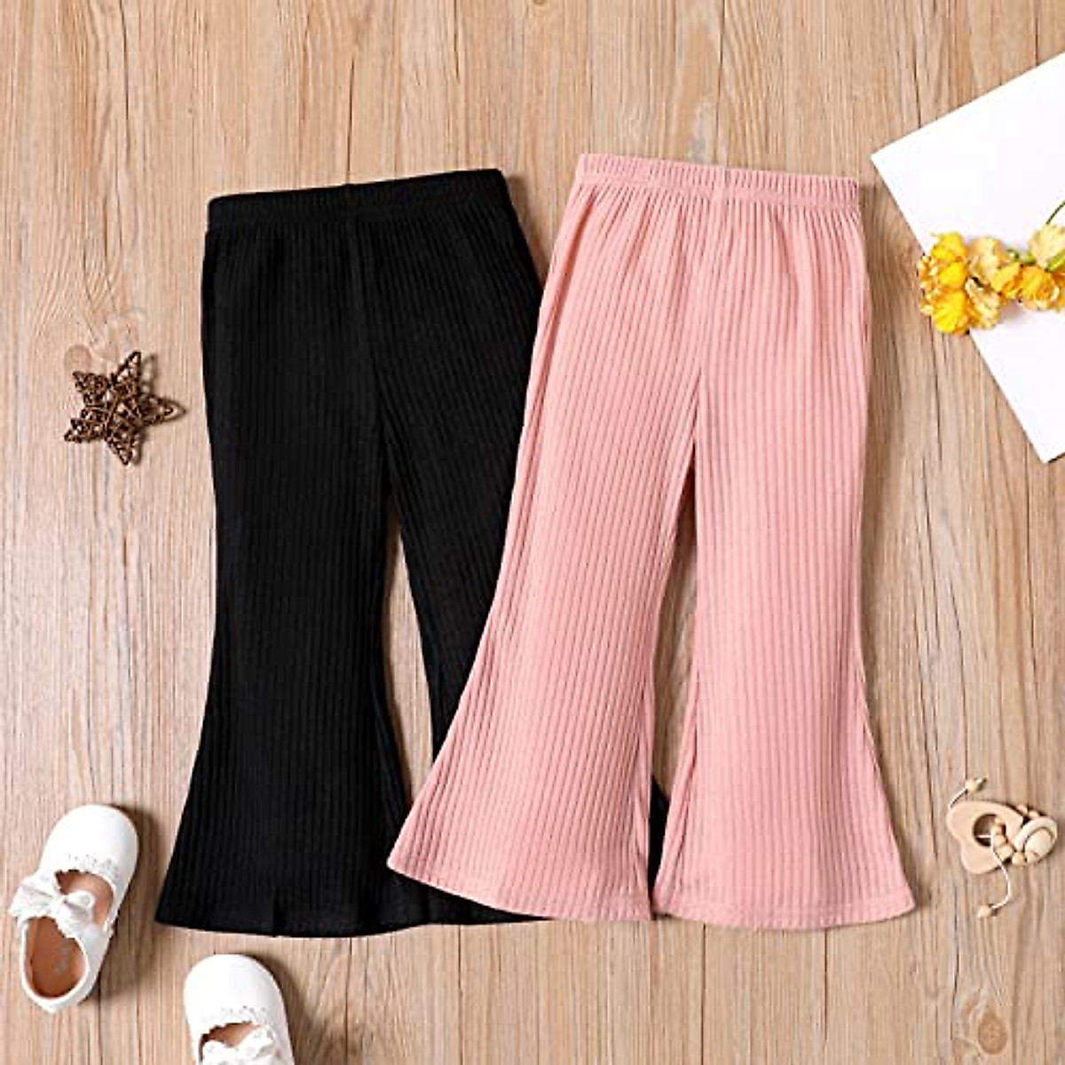 PATPAT Toddler Girl Ribbed Bell Bottom Flare Pants Solid Color Casual Elastic Waist Wide Leggings Trousers 2 Years Apricot