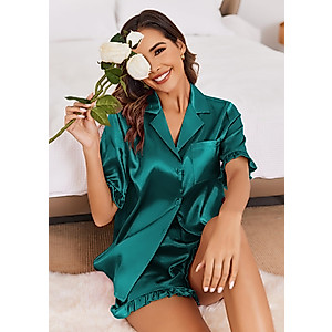 Ekouaer Womens Satin Pajamas Set Button Down Silk 2 Piece Pj Sets Ruffle Short Sleeve Sleepwear,Blue Green,L