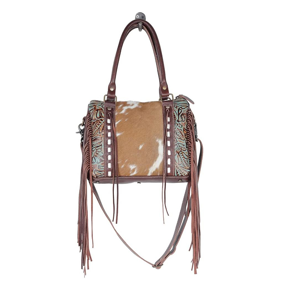 Myra Bag Maia Cowhide Purse - Western Style Purses for Women with Azure Embossed Leather and Brown & White Cowhide Design, Floral Tooled Accents and Fringes, Cow Hide Purse, Cowhide Purses for Women