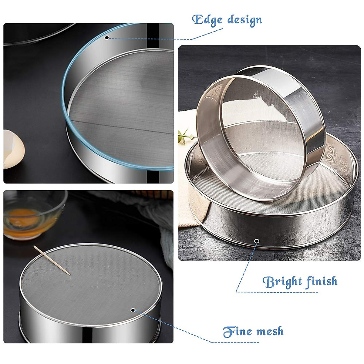 2 Pack Flour Sifter for Baking,Stainless Steel Fine Mesh Strainers,60 Mesh Round Sifter Steel for Baking Cake Bread (8-Inch and 10-Inch)