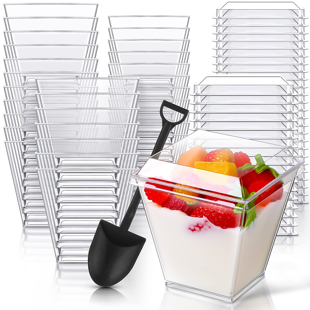 100 Pcs Square Dessert Cups with 100 Shovel Shape Dessert Spoon Clear Plastic Appetizer Cups with Lids Mini Parfait Cups Shovel Spoon for Party Favors, Desserts, Appetizers, Puddings, Yogurt (5.4 Oz)