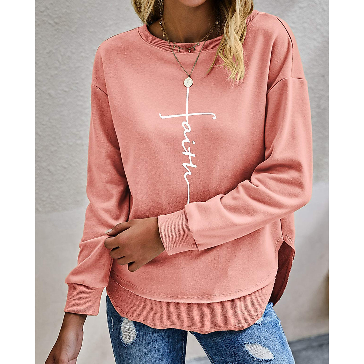 Mansy Womens Cross Letter Printed Crewneck Sweatshirts Casual Funny Graphic Side Split Pullover Shirts Tops (Pink, XX-Large)