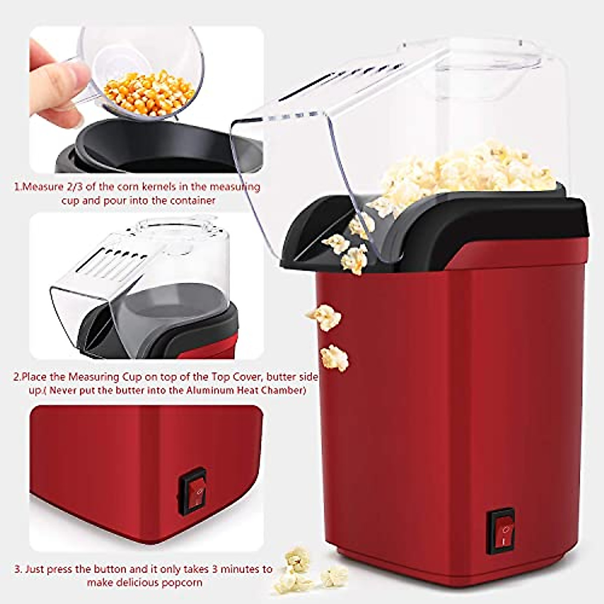 Hot Air Popper, Electric Popcorn Maker Machine with 1200W, No oil needed, Healthy and Delicious Snack for Kids, Adults. Great for Holding Parties in Home and Watching Movies with Family