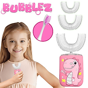 BubblezKidz – Kids Electric Toothbrush – U Shaped Dinosaur Cartoon – Ultra Sonic 6 brush Cleaning Modes w/ Smart Timer – Ages 2-18 Years Old – IPX7 Waterproof, Rechargeable, With Stickers