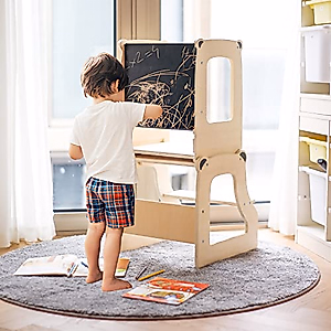 Toddler Kitchen Tower Step Stool Helper with Chalkboard Safety Rail | Kids Counter Stool | Wooden Standing Tower for Toddlers to be Mama’s Kitchen Helper