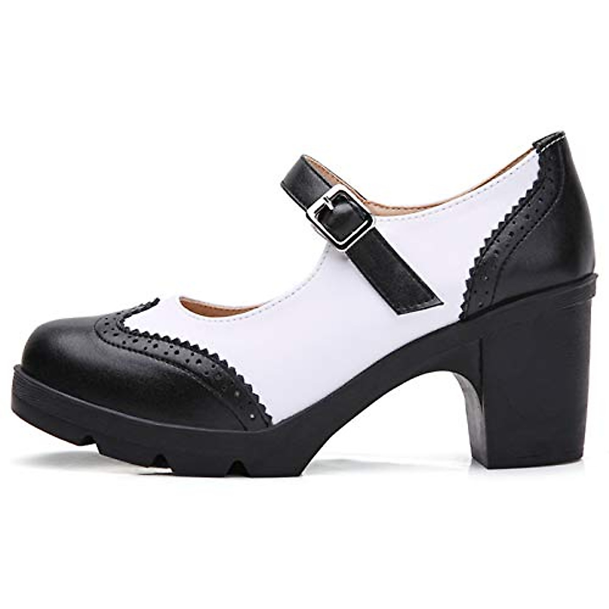 DADAWEN Women's Chunky Low Block Heels Mary Jane Closed Toe Work Pumps Comfortable Round Toe Oxfords Dress Wedding Shoes Black/White US Size 8.5