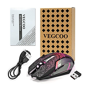 VEGCOO Wireless Gaming Mouse, C8 Wireless Rechargeable Mouse with Colorful LED Lights and 2400/1600/1000 DPI for Laptop and Computer (C9 Silver)