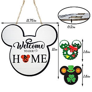 Cute Mouse Interchangeable Welcome Sign for Front Door 16pcs Seasonal Welcome to Our Home Wooden Hanging Sign Farmhouse Porch Plaques for Halloween Christmas Wall Home Decor Gifts