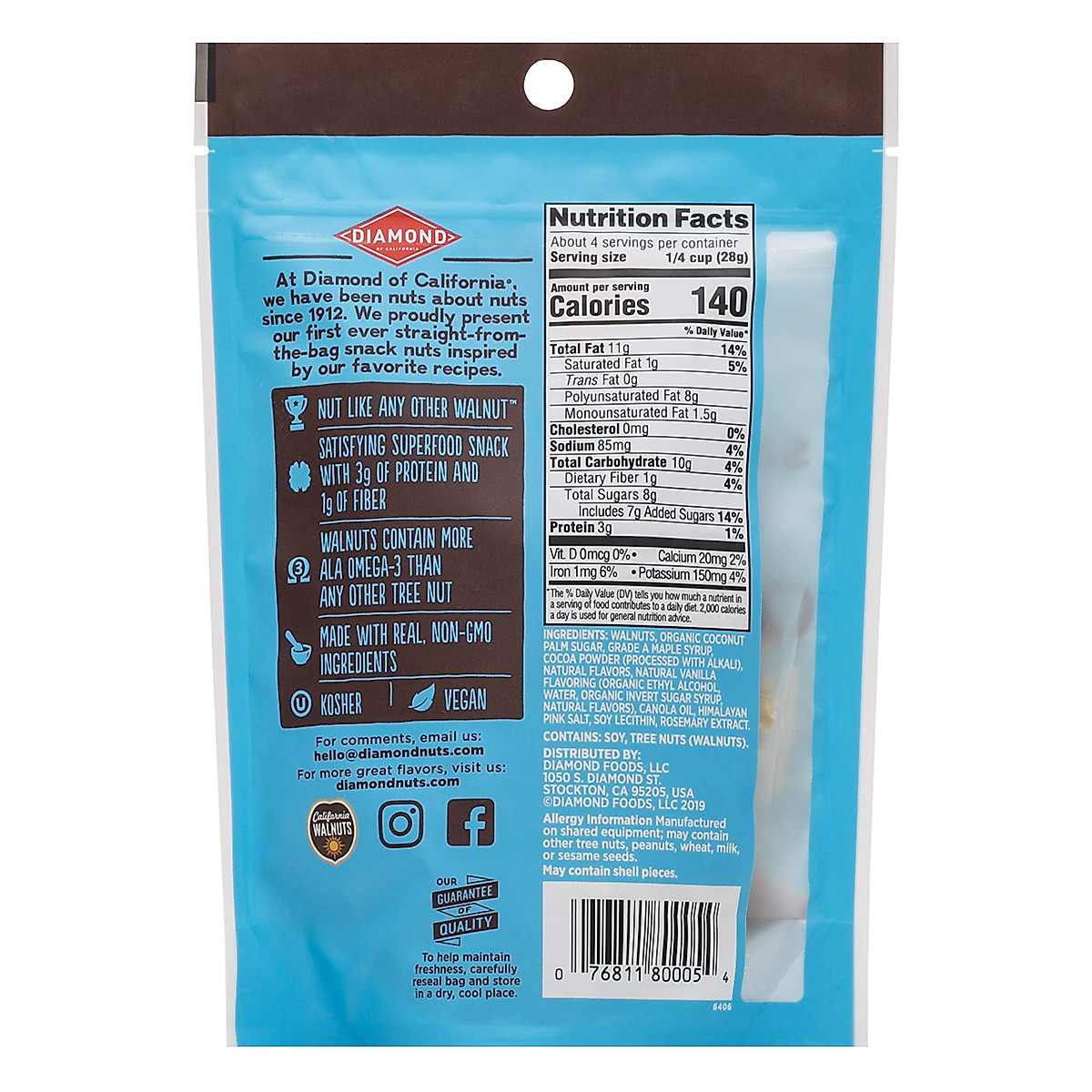 Diamond of California Salted Dark Chocolate Walnuts, 4 oz, 1 Pack