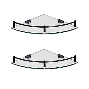 Paradmas Glass Corner Shelf 2 Pack - Floating Bathroom Shelves Tempered Glass Shelf with Rails SUS 304 Stainless Steel Wall Mounted Shower Organizer, 24cmx24cm 6mm, Black