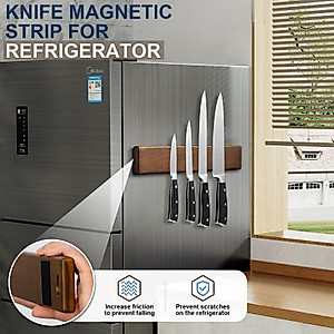 ENOKING Knife Magnetic Strip, Magnetic Knife Holder for Wall 16 Inch, Powerful Magnetic Knife Strip Acacia Wood Magnetic Knife Holder for Refrigerator, Wall Mount Magnet Knife Bar with 4 Hooks