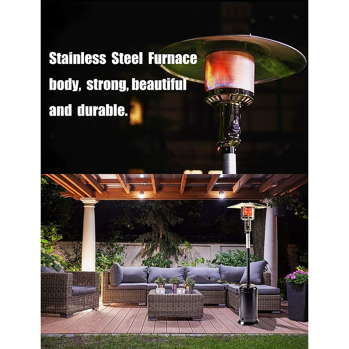 47000 BTU Outdoor Propane Patio Heater, Stainless Steel Burner, with Anti-tilt and Flame-out Protection System, ETL Certified, 10-foot Radius Heat Reflector, Add Warmth and Ambience to Backyard, Party