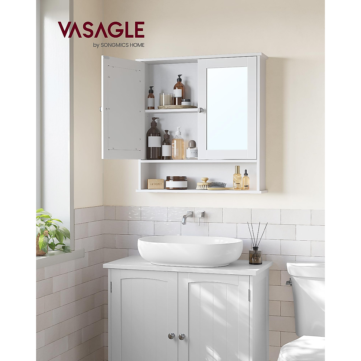 VASAGLE Bathroom Cabinet with Mirror, Wall Cabinet with 2 Mirrored Doors, Adjustable Shelf, Open Compartment, Wall-Mounted, 5.1 x 22.2 x 23 Inches, White ULHC002