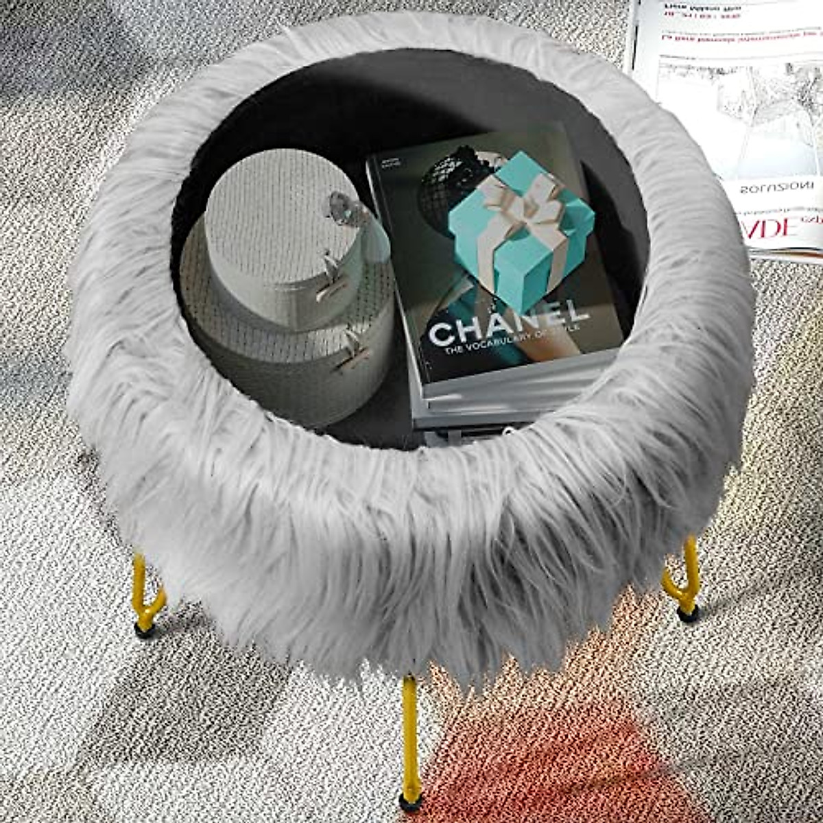 GREENSTELL Vanity Stool Chair with Storage, 15.75" W x 19.29" H Round Faux Fur Ottoman with 4 Metal Legs, Furry Padded Seat, Modern Multifunctional Makeup Stool for Bedroom Living Room Grey