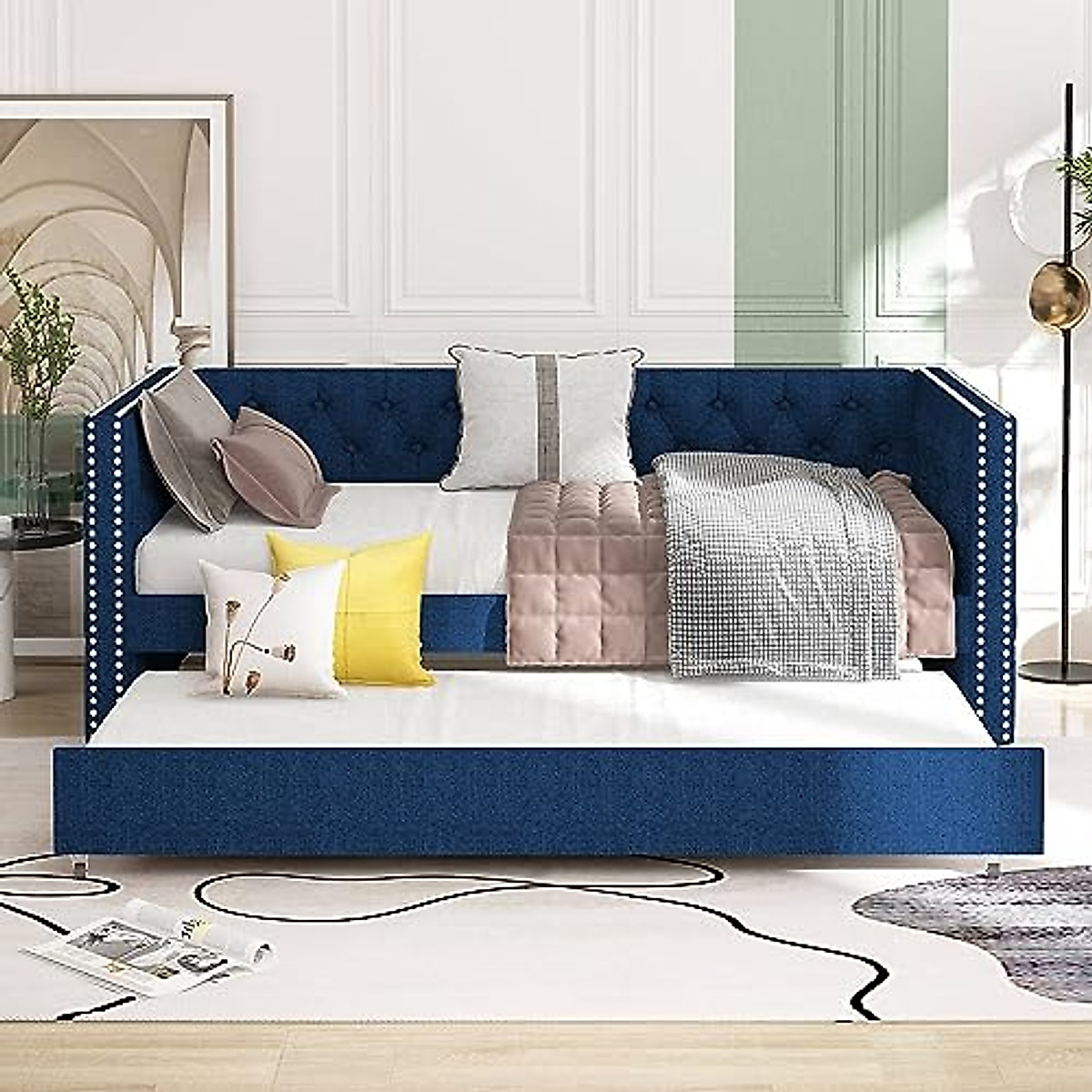 CECER Space Saving Pull Out Sleeper Sofa Bed, Button Tufted Couch Bed with Riveted Design, Daybed with Trundle, Daybed for Apartment Living Room Bedroom Office, Navy Blue