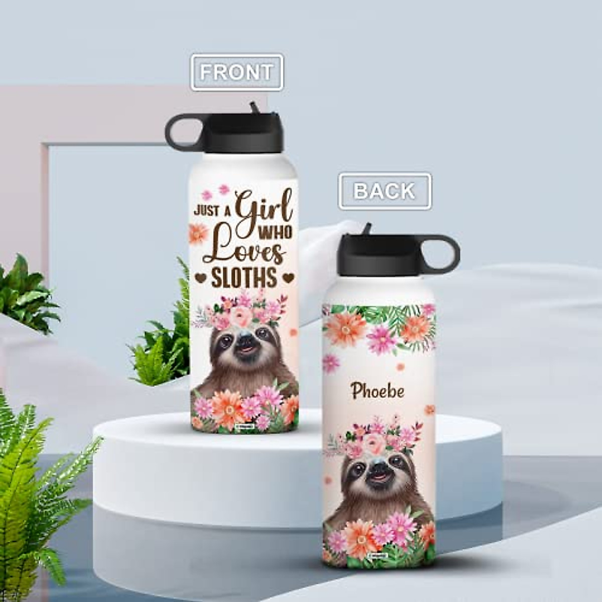 winorax Personalized Sloth Water Bottle Just A Girl Who Loves Sloths Stainless Steel Insulated Travel Cup Sports Bottle 12oz 18oz 32oz Gifts for Animal Lazy Sloths Lovers Women Kids