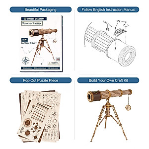 Rowood Telescope 3D Puzzles for Adults, DIY Wooden Model Building Kit, Christmas Birthday Gift for Kids Teens