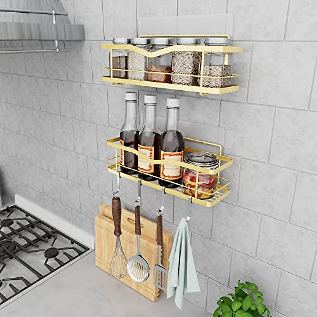 MZF 2-Pack Shower Caddy, No Drilling Adhesive Shower Shelf, Rustproof Stainless Steel Bathroom Shower Organizer Storage, Shower Shelf for Inside Shower & Kitchen Storage, Gold