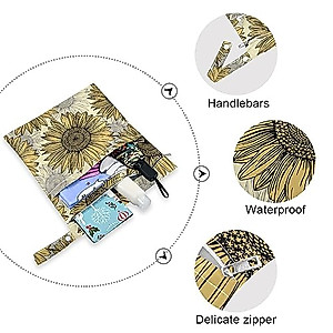 SDMKA 2Pcs Wet Dry Bag for Baby Cloth Diapers Sunflowers Yellow Reusable Waterproof Wet Bag with Two Zippered Pockets for Travel Beach Pool