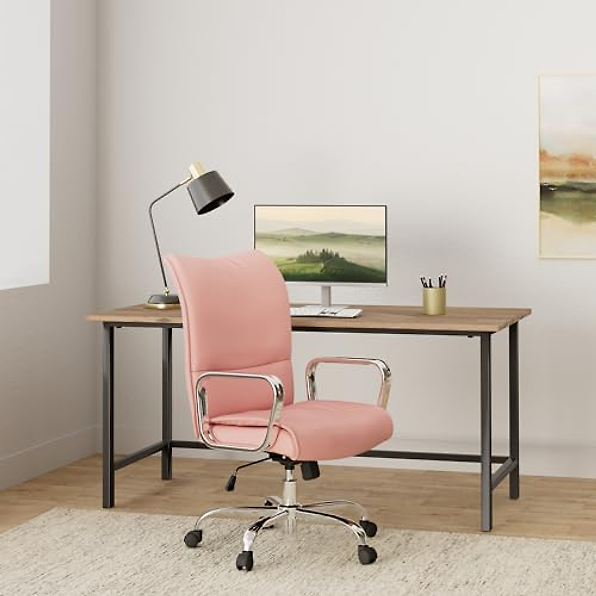 MFD LIVING Home Office Chair, Modern Upholstered Mid-Back PU Leather Task Desk Chair with Arms, Adjustable Rocking Swivel Computer Chair with Wheels (Pink)