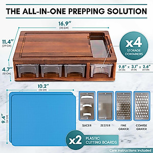 Granted By Grace Acacia Cutting Board with Containers & Lids - Board Meal Prep System w 4 Graters, 2 Plastic Chopping Board for Meat, Juice Grooves & More - Cutting Board Prep Station for Kitchen