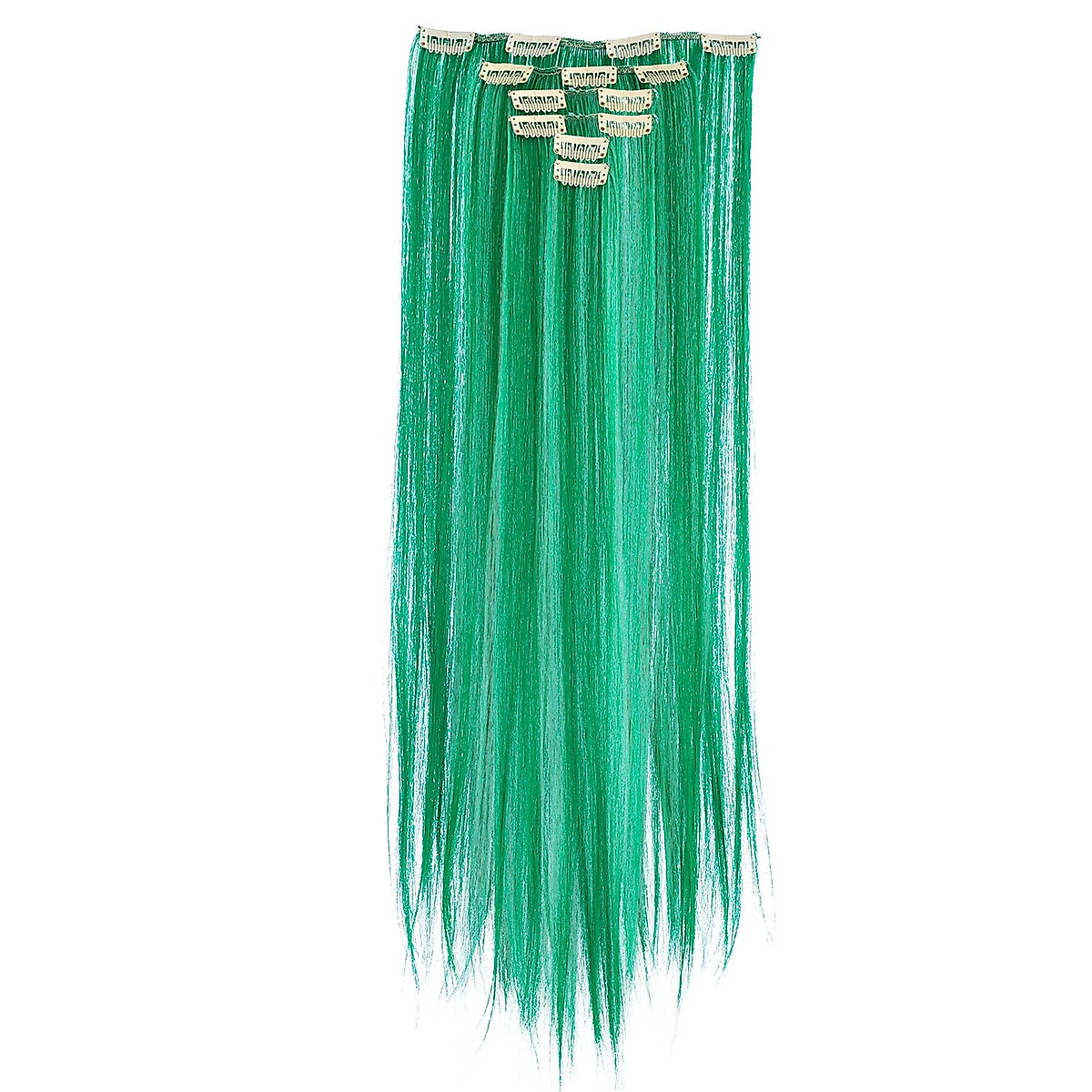 SWACC 7 Pcs Full Head Party Highlights Clip on in Hair Extensions Colored Hair Streak Synthetic Hairpieces (22-Inch Straight, Green)
