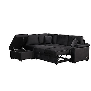 Merax L Shaped Sectional Sofa Couch Pull Out Sleeper Bed with Storage Ottoman for Living Room, Small Apartment Love Seats, Black_Linen