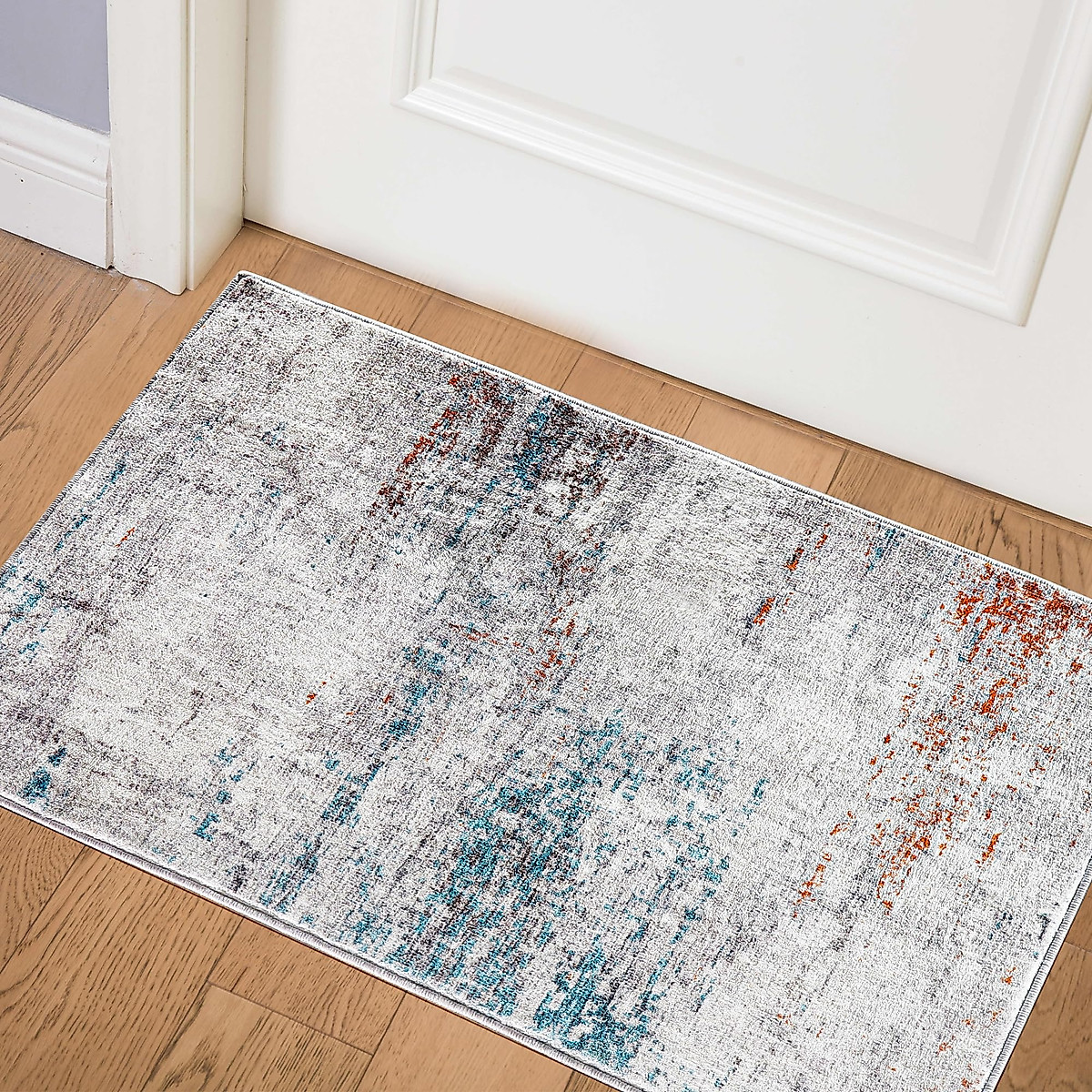 Modern Abstract Area Rug, 2x3 Washable Rugs for Living Room Bedroom Entryway Door mat Dining Room Indoor Accent Rugs, Soft Thin Throw Rug Floor Carpet for Kids Pet (Teal/Ivory/Brown)