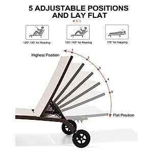 Crestlive Products Aluminum Chaise Lounge Chairs with Wheels Outdoor Adjustable Recliner Five-Position and Full Flat All Weather for Patio, Beach, Yard, Pool (2PCS Beige)