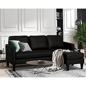 MAGIC UNION Faux Leather Convertible Sectional Couch Sofa L-Shape Sectional Sofa with Chaise Reversible 3-Seat Modern Linen Fabric Small Couches for Living Room,Apartment,Small Space,Office (PU Black)