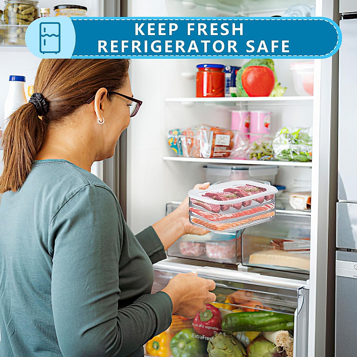 RKXQT Lunchmeat Storage Container for Fridge, Transparent Deli Lunch Meat Container for Refrigerator, Deli Container with Lid for Bacon, Lunch Meat, Stackable Cold Cuts, Vegetable and Cheese, 3pcs.