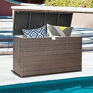 Patiorama Outdoor Wicker Storage Box, Garden Deck Bin with Aluminum Frame, Patio Cushion Storage, Brown Wicker Rattan Pool Storage Box, Water-Resistant Liner, 120 Gallon