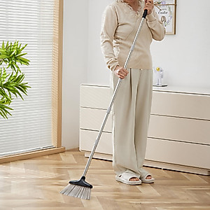 Broom and Dustpan Set Lightweight Upright Lobby Broom and Dust Pan Combo with Long Handle Outdoor Indoor for Home Kitchen Room Office (Gray and Black)