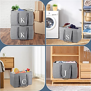 Reusable Grocery Bags Foldable, Large Can-vas Utility Tote Bag for Women, Reusable Shopping Bags for Groceries, Storage, Pool, Ini-tial Travel Bag, Personalized Mom Christmas Gifts w Card Gift Box S