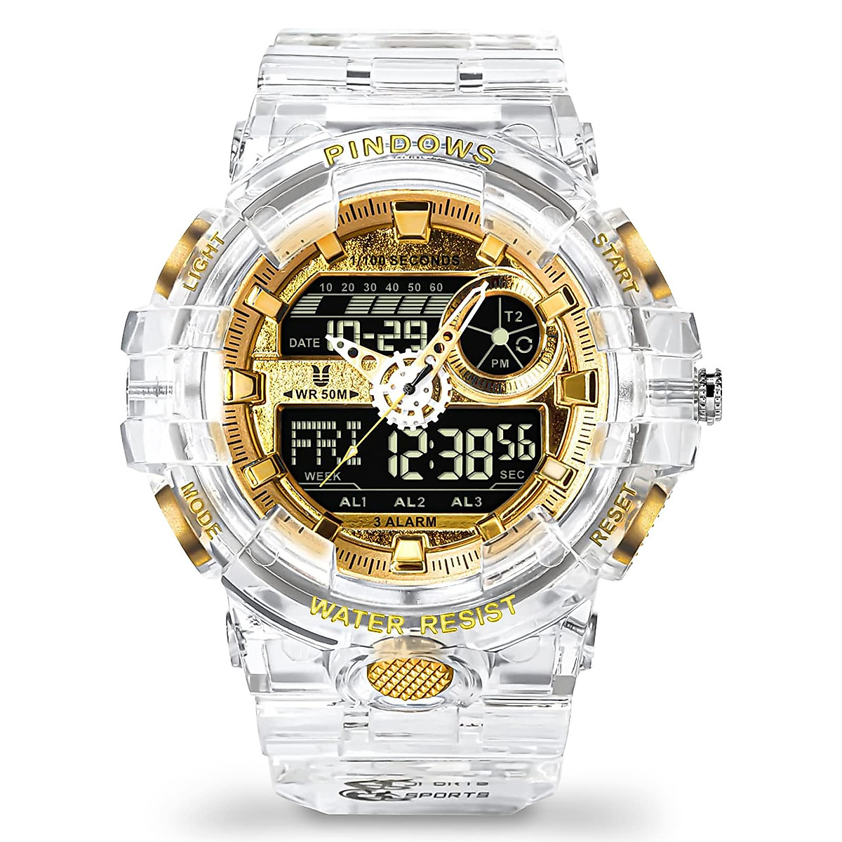 PINDOWS Watch for Men Digital Sports Watch, Outdoor Waterproof Military, LED Screen Large Face Dual Dial Time and Stopwatch Alarm Wristwatch (White Gold)