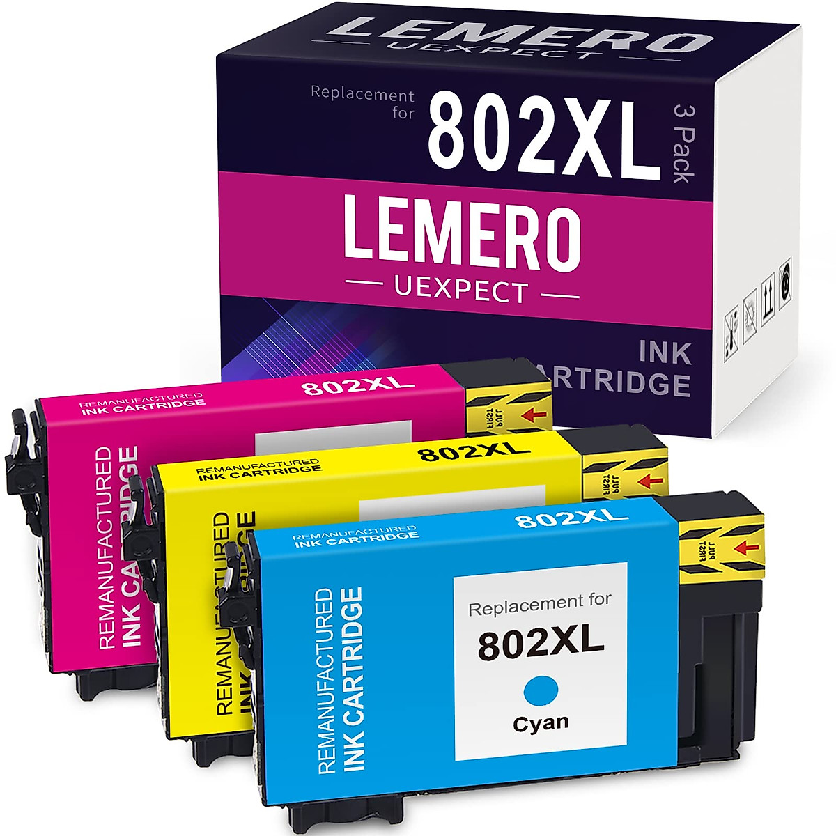 LEMERO UEXPECT Remanufactured Ink Cartridge Replacement for Epson 802XL (Cyan, Magenta and Yellow, 3-Pack)