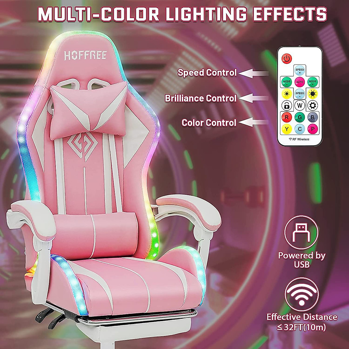 HOFFREE Pink Gaming Chair with Bluetooth Speakers and LED RGB Lights Cute Ergonomic Massage Computer Gaming Chair with Footrest High Back Video Game Chair with Lumbar Support Pink and White