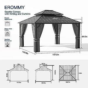 Gotland 12' x 14' Hardtop Gazebo,Outdoor Galvanized Steel Metal Double Roof Pergola with Curtains and Netting for Patios, Gardens, Lawns(Grey)