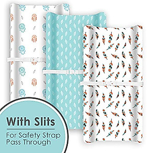 GROW WILD Changing Pad Cover Boys or Girls 3 Pack | Soft & Stretchy Diaper Changing Pad Covers | Changing Pad Sheets and Baby Changing Table Cover | Wipeable Sheets | Boho Dreams Teal White Feathers