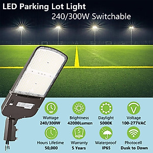 300W Outdoor LED Parking Lot Light with Slip Fitter Mount, 0-10V Dimmable, 5000K, 45000LM [1000W HPS/HID Equiv] UL/DLC Dusk to Dawn Photocell Sensor LED Commercial LED Flood Light