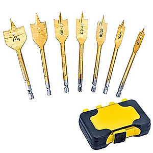 Uniteco 7Pcs Wood Flat Drill Bit Set Spade Drill Bit Set Spade Wood Drill Titanium Plated in Hard Plastic Case