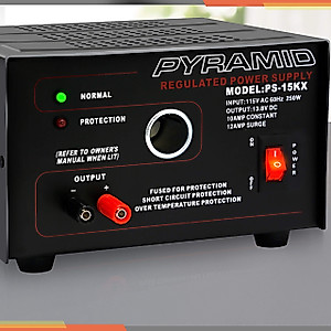 Pyramid Universal Compact Bench Power Supply - 10 Amp Linear Regulated Home Lab Benchtop AC-to-DC Converter w/ 13.8 Volt DC 115V AC 250W Input, Screw Type Terminal, 12V Car Cigarette Lighter-PS15K.5