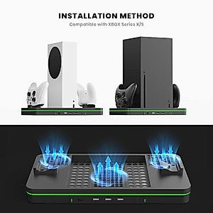 Charging Stand with Cooling Fan, CODOGOY Vertical Stand Compatible with Xbox Series X/S Console&Controller, Dual Controller Charger Station Dock with 3 USB Ports,2*1100 mAh Rechargeable Battery Packs