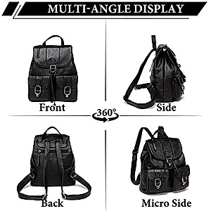 VASCHY Mini Backpack Purse for Women, Fashion Faux Leather Buckle Flap Drawstring Backpack for College with Two Front Pockets Black