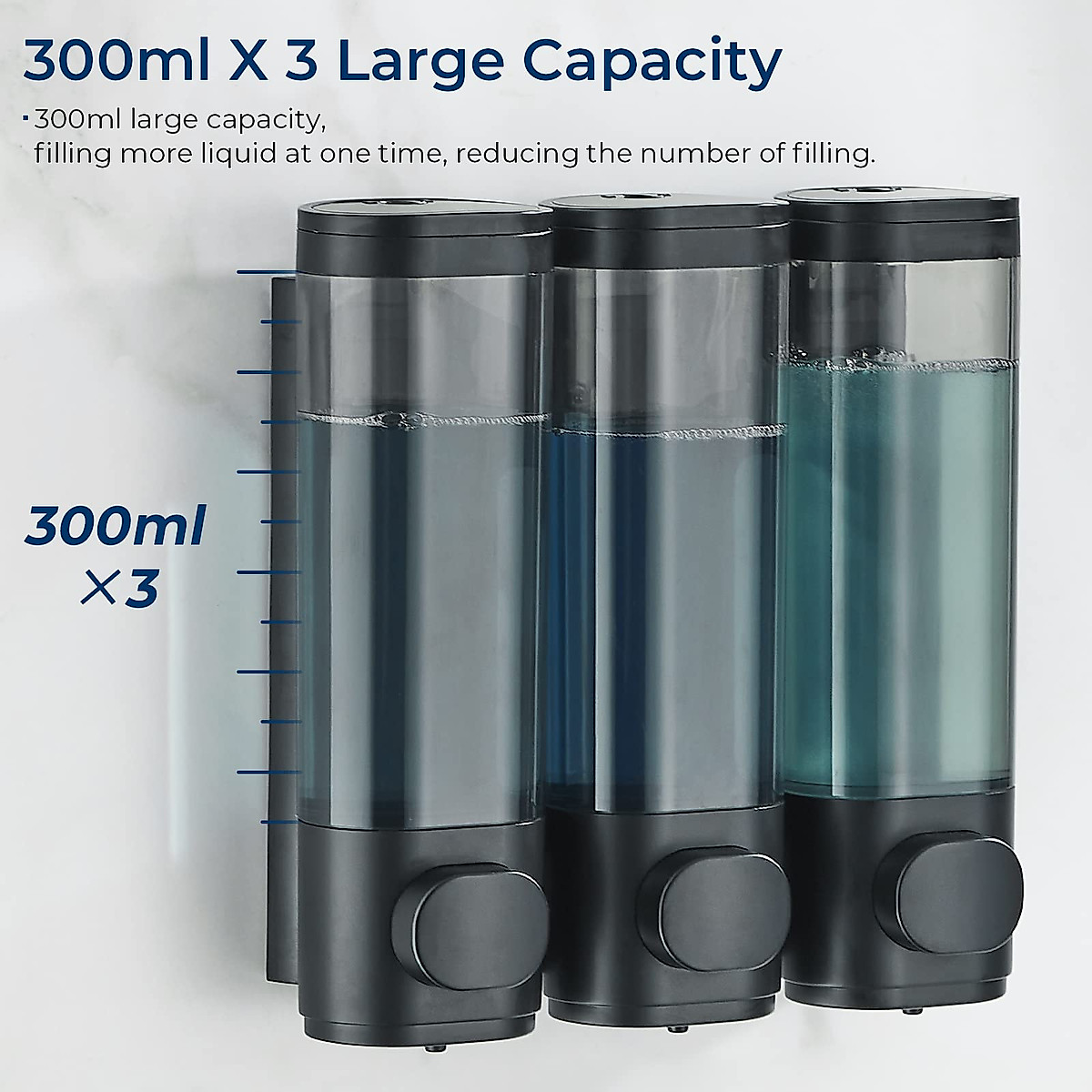 Shampoo and Conditioner Dispenser, Pollock Shower Dispenser 3 Chamber No Drill Shampoo Dispenser for Shower Wall Mounted Shampoo Conditioner Body Wash Dispenser for Bathroom,Large Capacity,Black