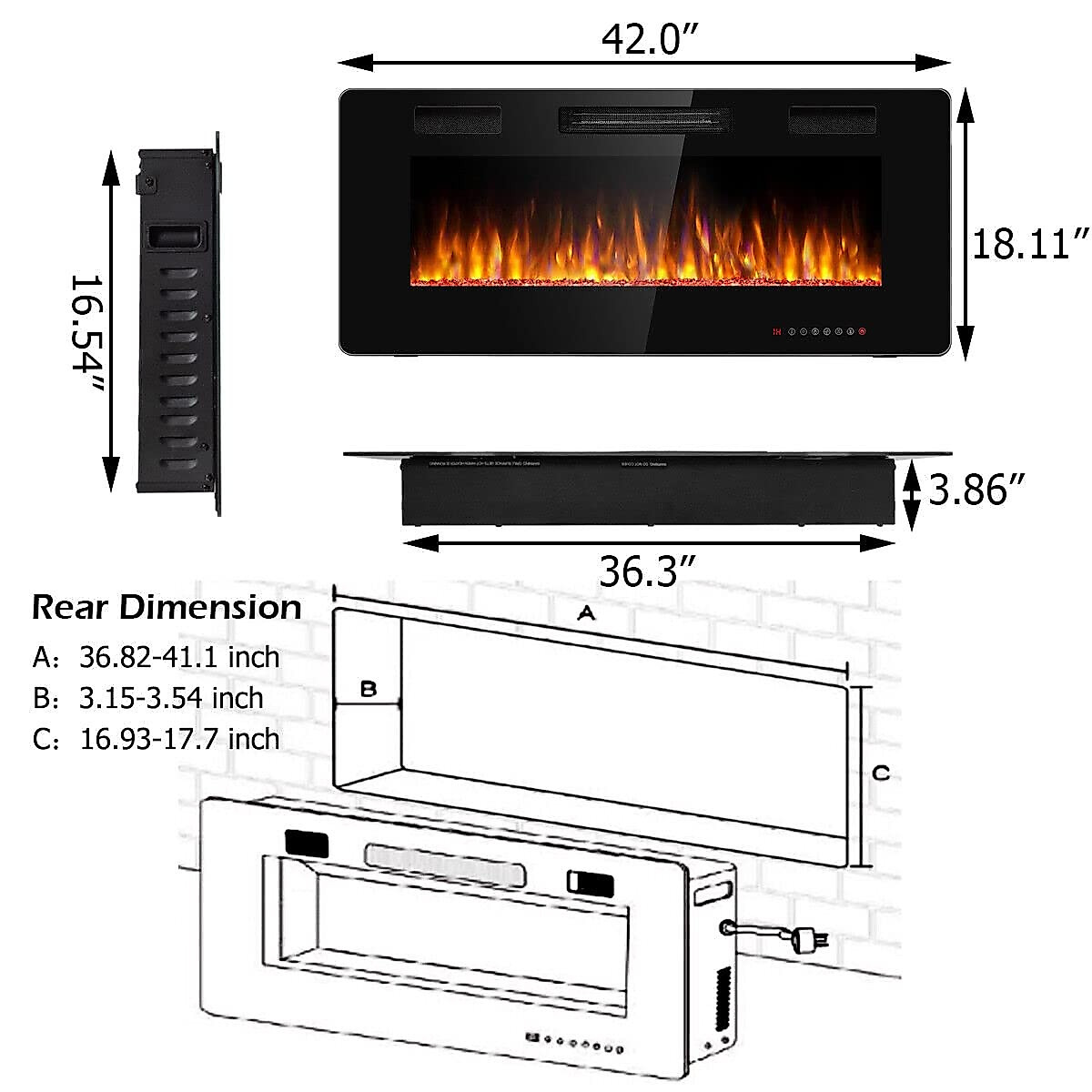 Tangkula 42 Inches Recessed Electric Fireplace, in-Wall & Wall Mounted Electric Heater with Adjustable Flame Color & Speed, Remote Control, Touch Screen, 750-1500W (42 Inches)