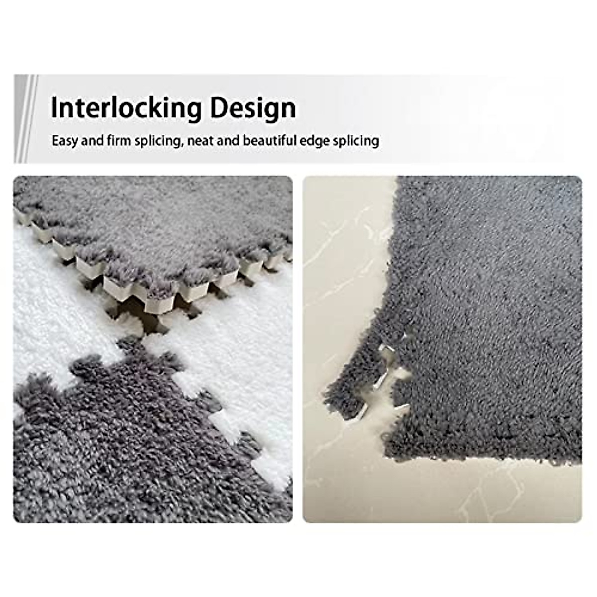 9/12/15/16 Pcs Interlocking Foam Carpet Tiles,Soft Fluffy Plush Area Rug Mat,Crawling Playmat Puzzle Mat,for Bedroom, 12X12inch, 0.4 Inch Thicken Foam,Grey+Rose red,16 PCS