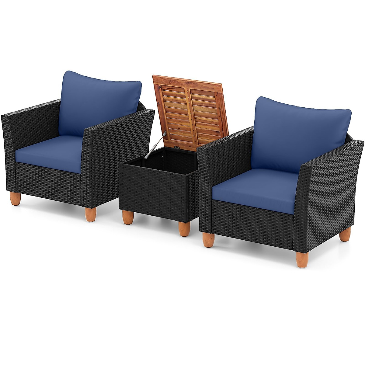 Tangkula 3 Pieces Patio Porch Furniture Set, PE Rattan Wicker Chair Conversation Set with Cushions and Storage Table, Outdoor Acacia Wood Bistro Set for Garden, Poolside